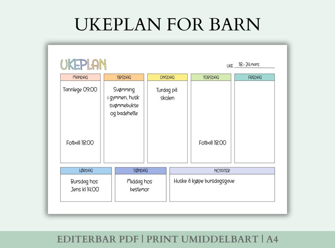 Ukeplan for Barn, Kalender for Aktiviteter, Planlegger for Oppgaver - Etsy