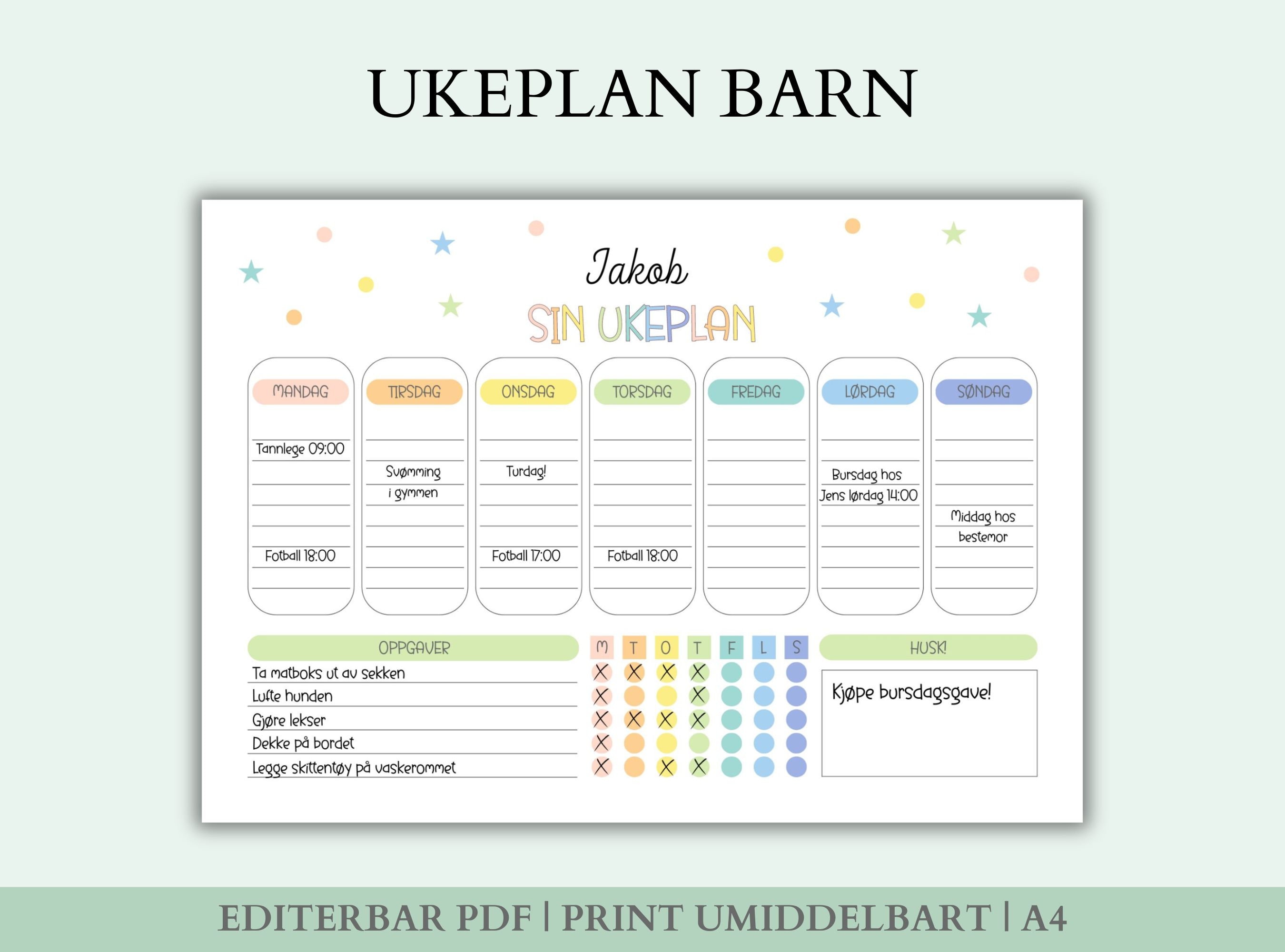 Ukeplan for Barn, Kalender for Aktiviteter, Planlegger for Oppgaver - Etsy