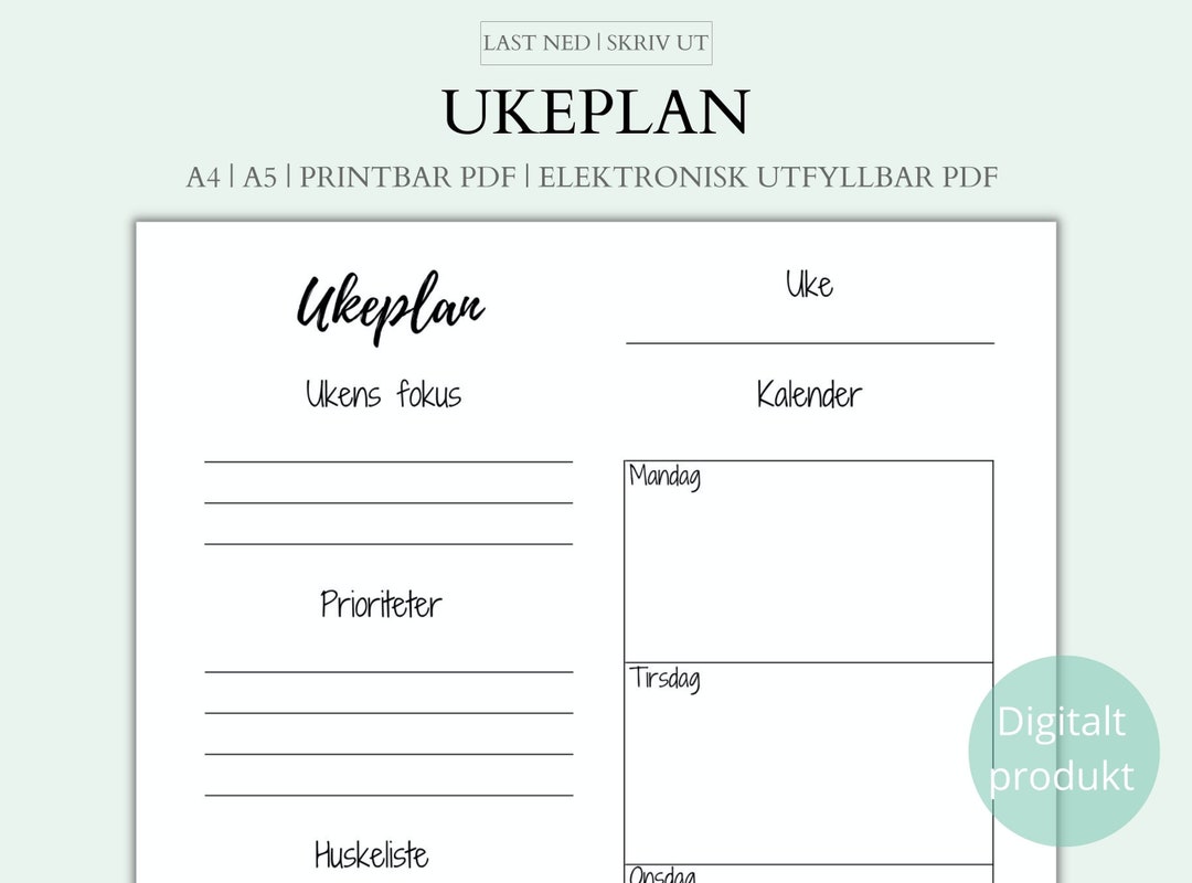 Ukeplan Ukentlig to Do List Ukentlig Agenda Kalender - Etsy