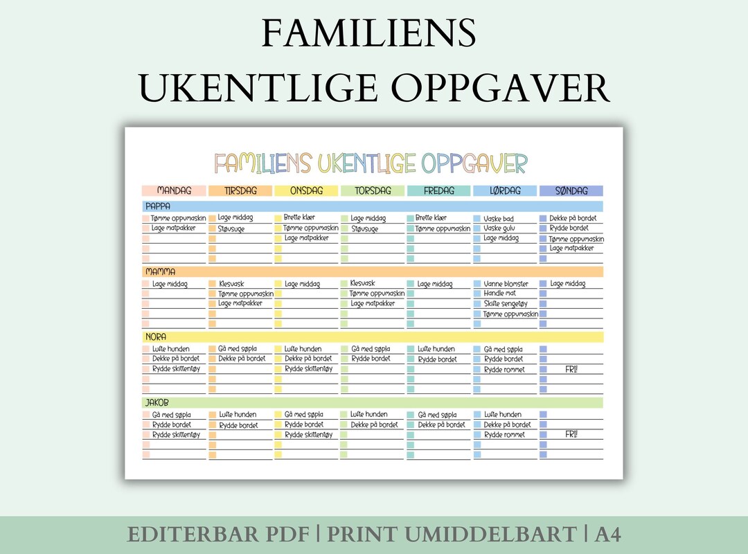 Familiens Ukentlige Oppgaver, Skjema for Husarbeid, Ukeplan - Etsy
