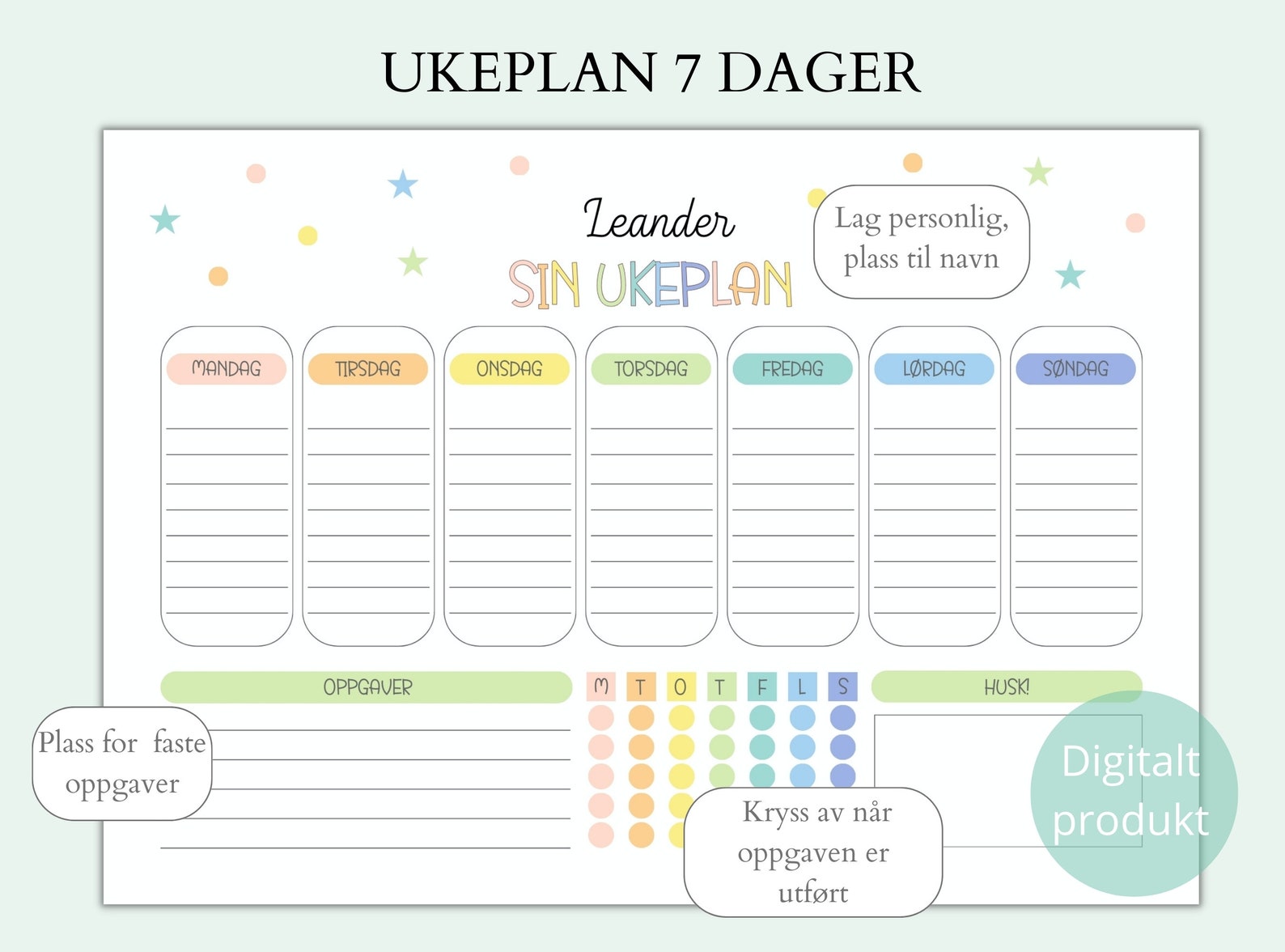 Ukeplan for Barn, Kalender for Aktiviteter, Planlegger for Oppgaver - Etsy