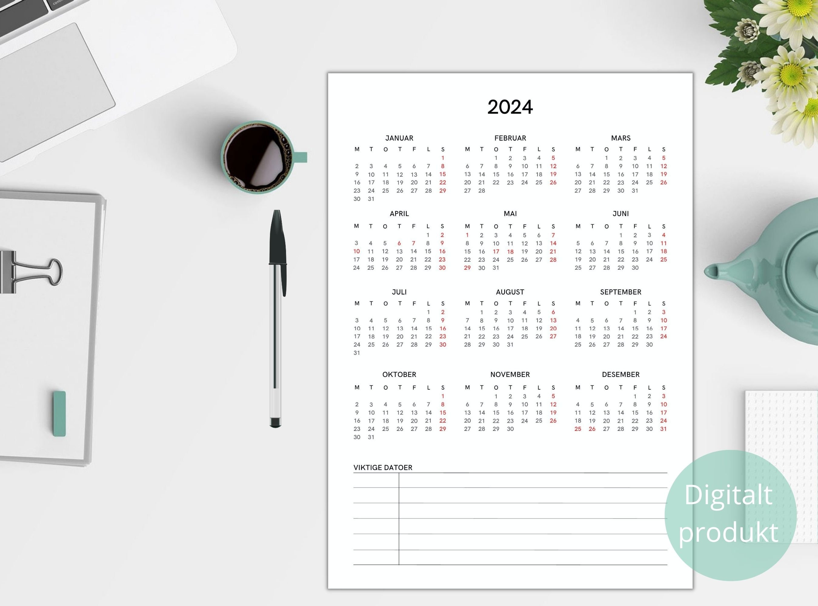 2023 2025 Printbar Kalender, 2024 årskalender, Kalender 12 Måneder, A4 ...