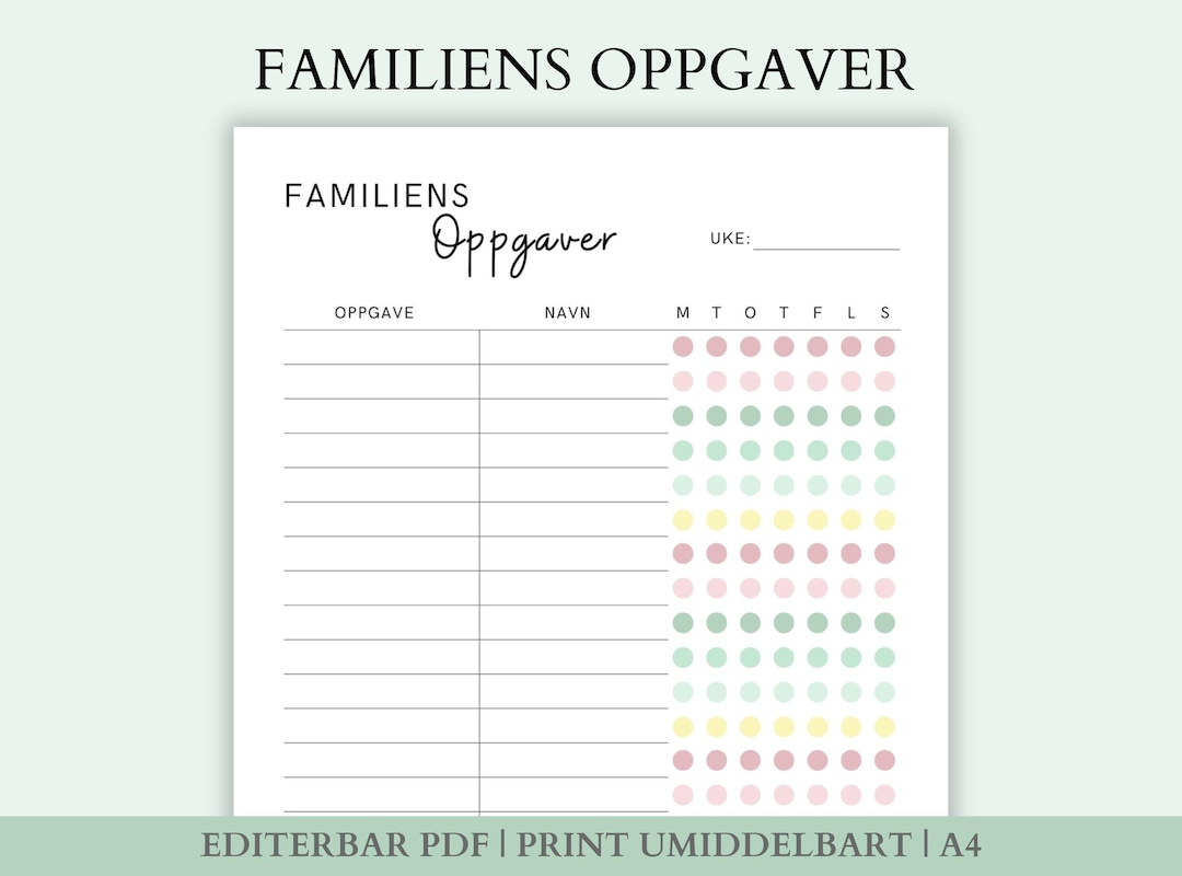 Familiens Ukentlige Oppgaver, Skjema for Husarbeid, Ukeplan - Etsy