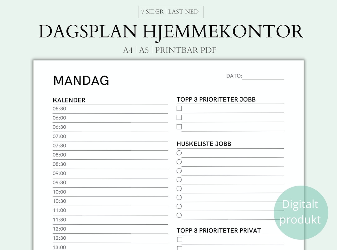DAGSPLAN HJEMMEKONTOR Dagskalender Daglig to Do List Norsk - Etsy
