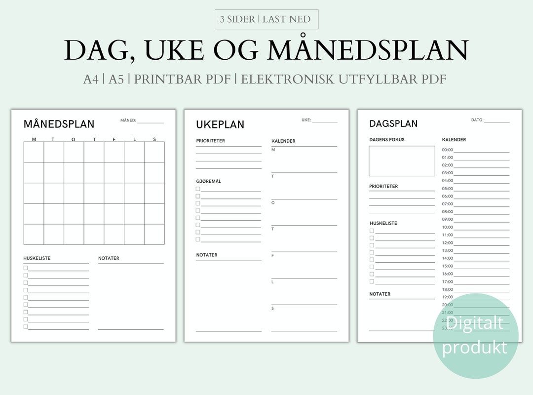 Dagsplan Ukeplan Månedsplan Sett Med Tre Planleggere A4 - Etsy