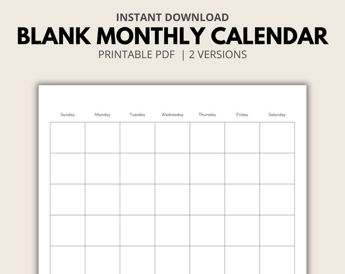Blank Monthly Calendar Printable, Undated Planner (PDF Download) - Etsy