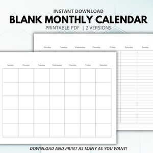 Undated Monthly Planner Printable Landscape, Monday & Sunday Start, Ink ...