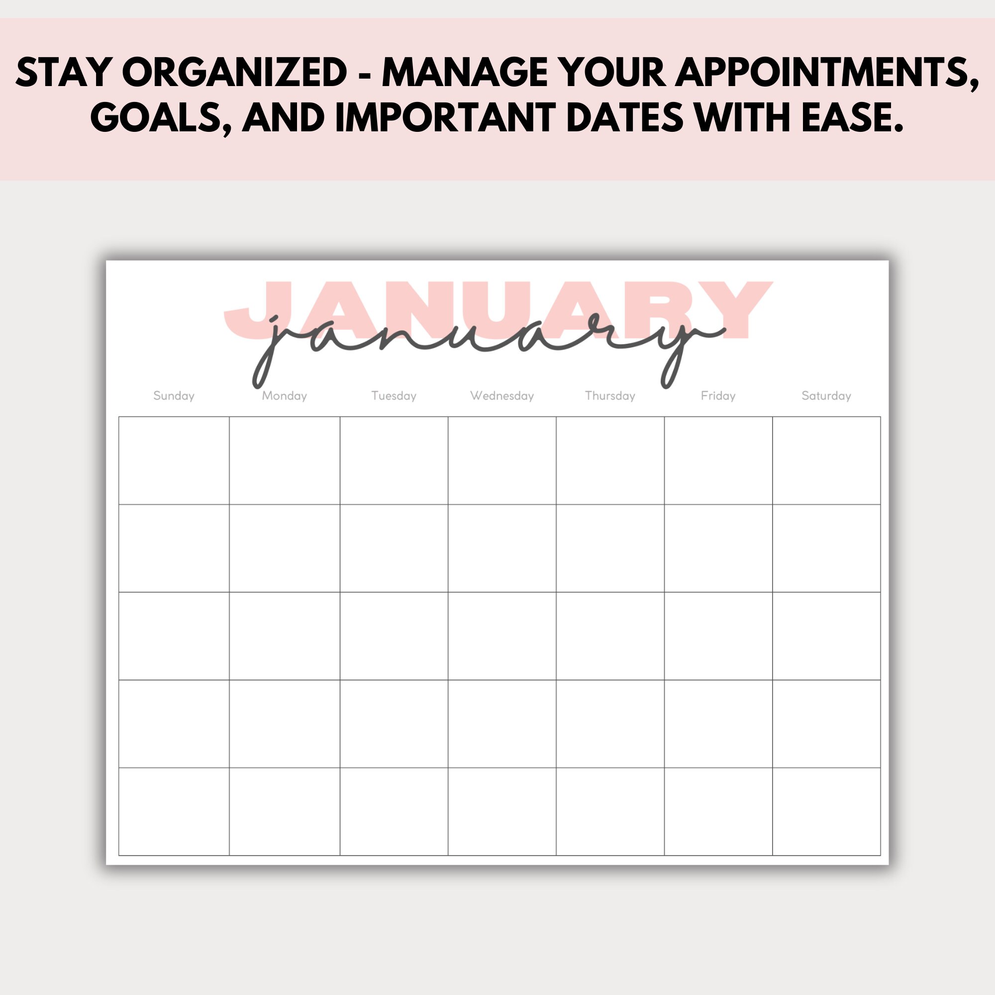 Minimalist Undated Monthly Calendar, 12 Month Printable (digital ...