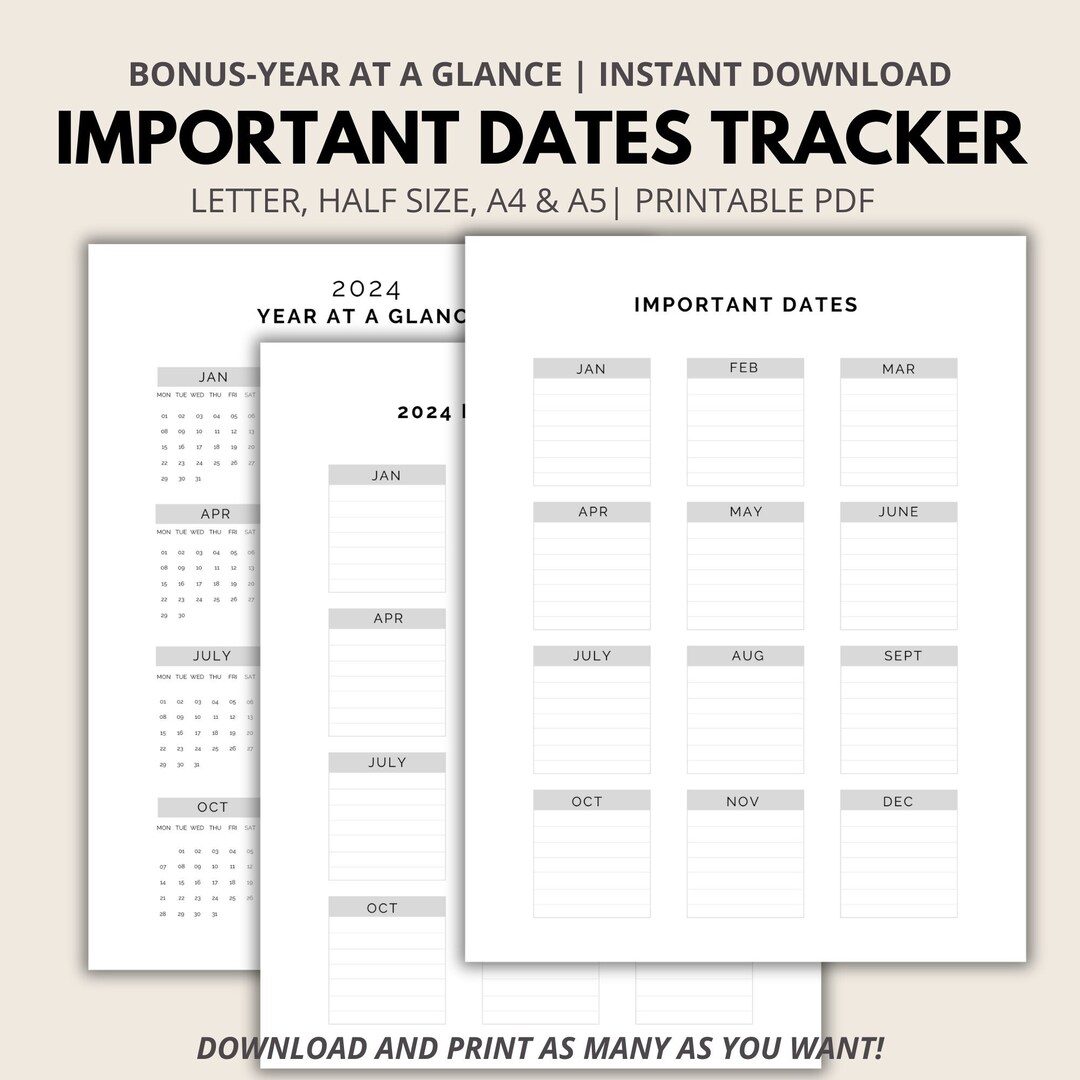 Important Dates Tracker, Yearly Planner, Calendar Organizer, Event ...
