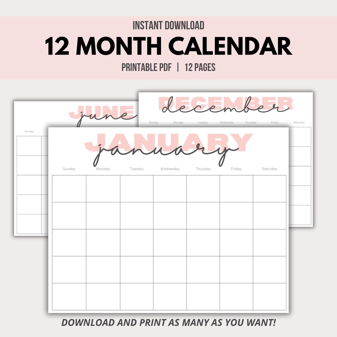 12 Month Printable Calendars, Undated Planner, Printable Monthly ...