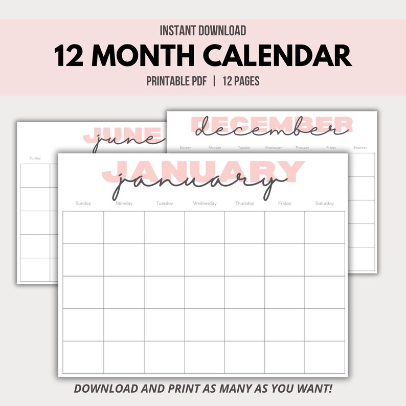 12 Month Printable Calendars, Undated Planner, Printable Monthly ...