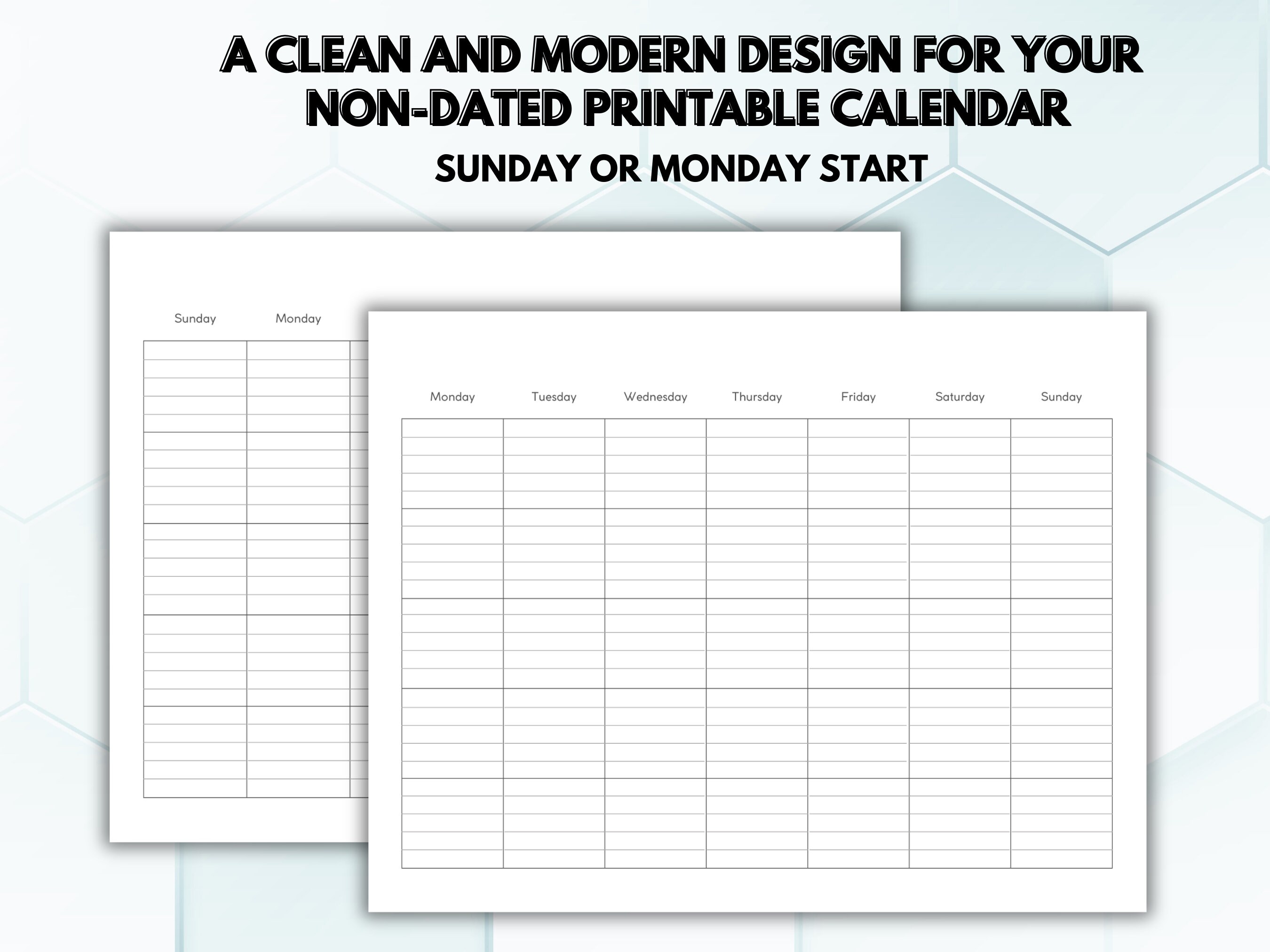 Undated Monthly Planner Printable Landscape, Monday & Sunday Start, Ink ...