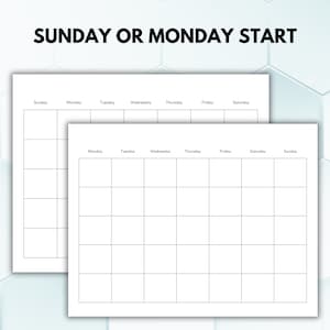 Undated Monthly Planner Printable Landscape, Monday & Sunday Start, Ink ...