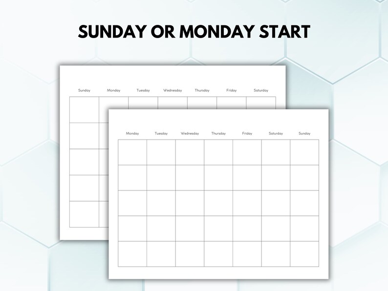 Undated Monthly Planner Printable Landscape, Monday & Sunday Start, Ink ...
