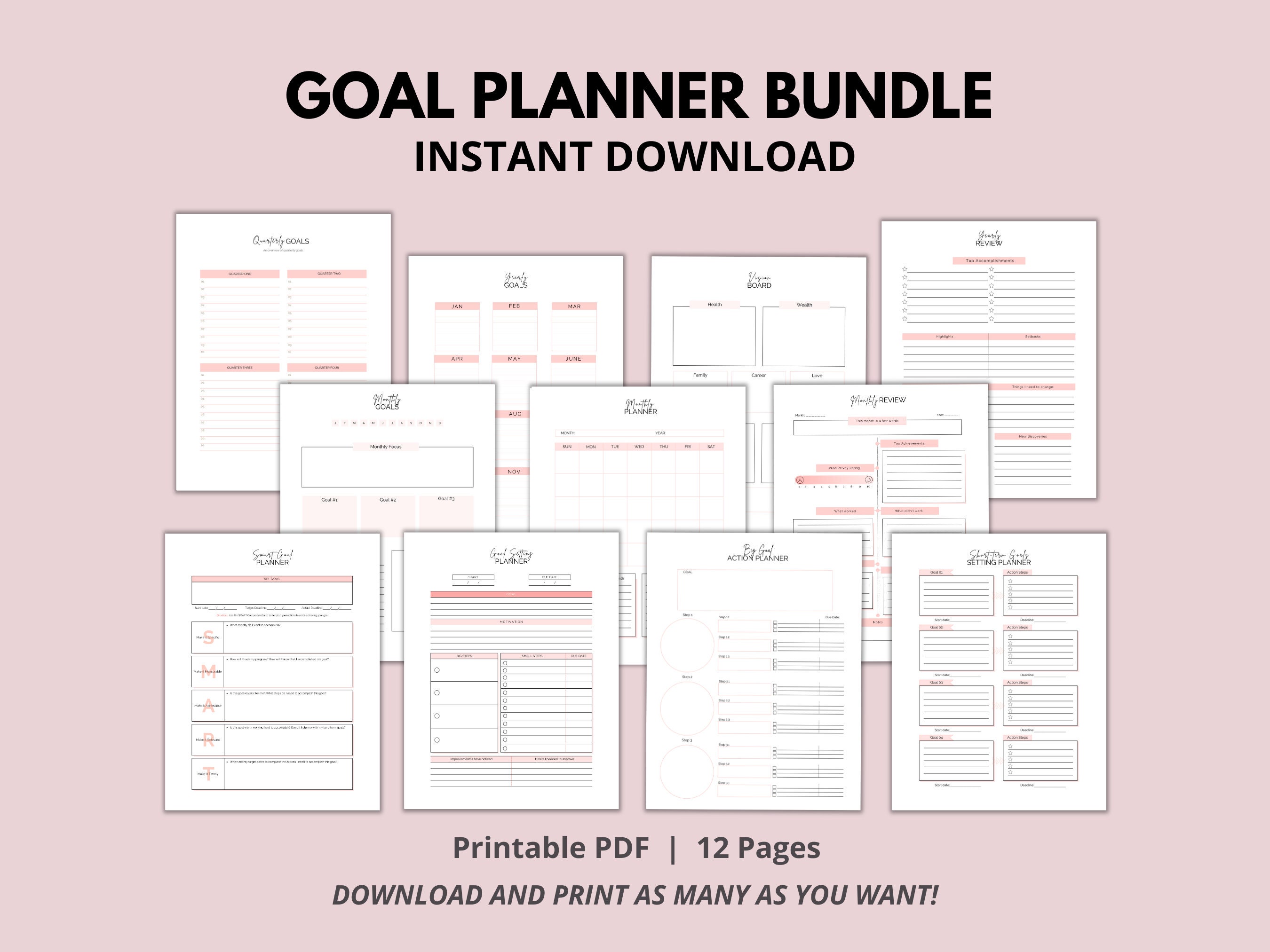 Goal Planner BUNDLE, Goals Tracker, SMART Goal Setting Kit, New Year ...