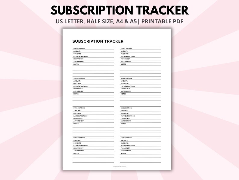 Subscription Tracker Printable, Expense Tracker, Subscription Checklist ...