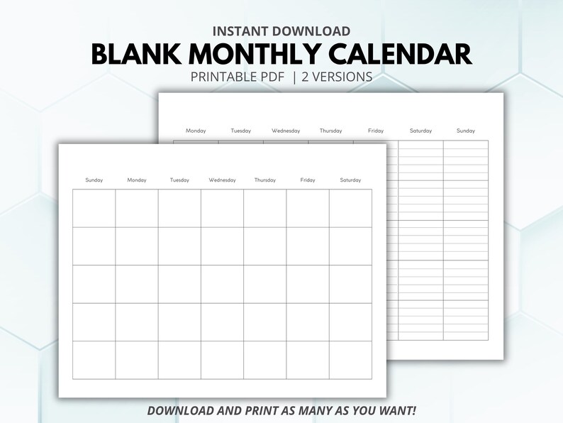 Undated Monthly Planner Printable Landscape, Monday & Sunday Start, Ink ...