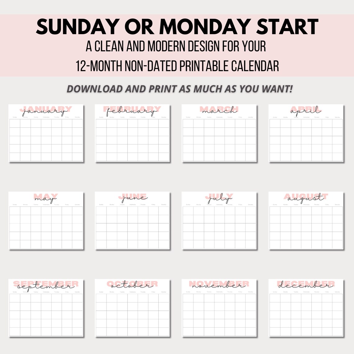 Minimalist Undated Monthly Calendar, 12 Month Printable (digital ...