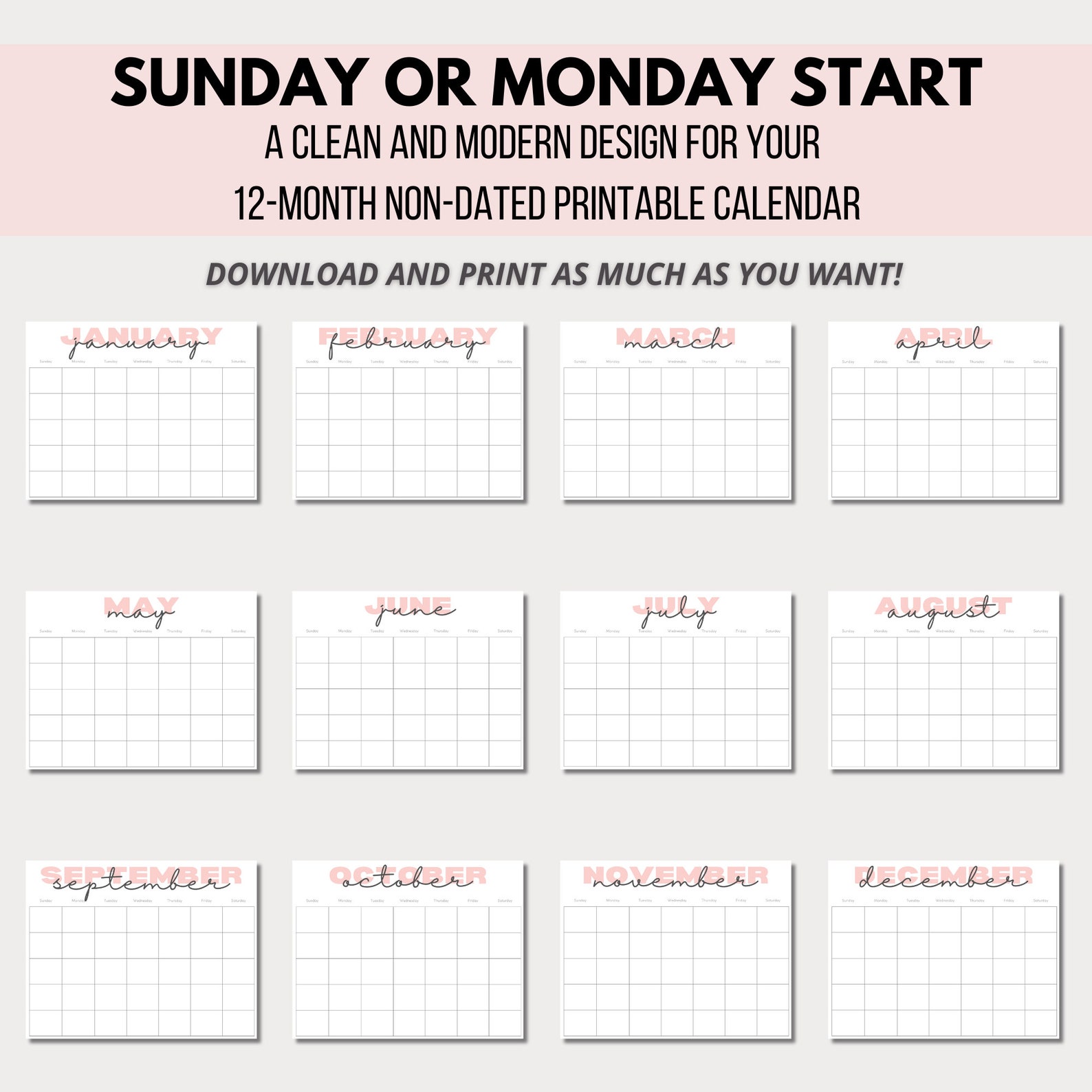 Minimalist Undated Monthly Calendar, 12 Month Printable (digital ...