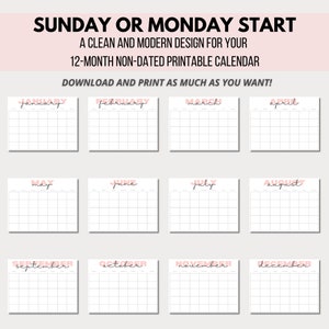 12 Month Printable Calendars, Undated Planner, Printable Monthly ...