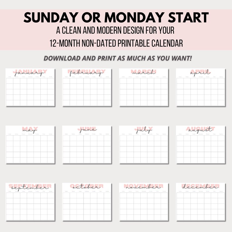 Minimalist Undated Monthly Calendar, 12 Month Printable (digital ...