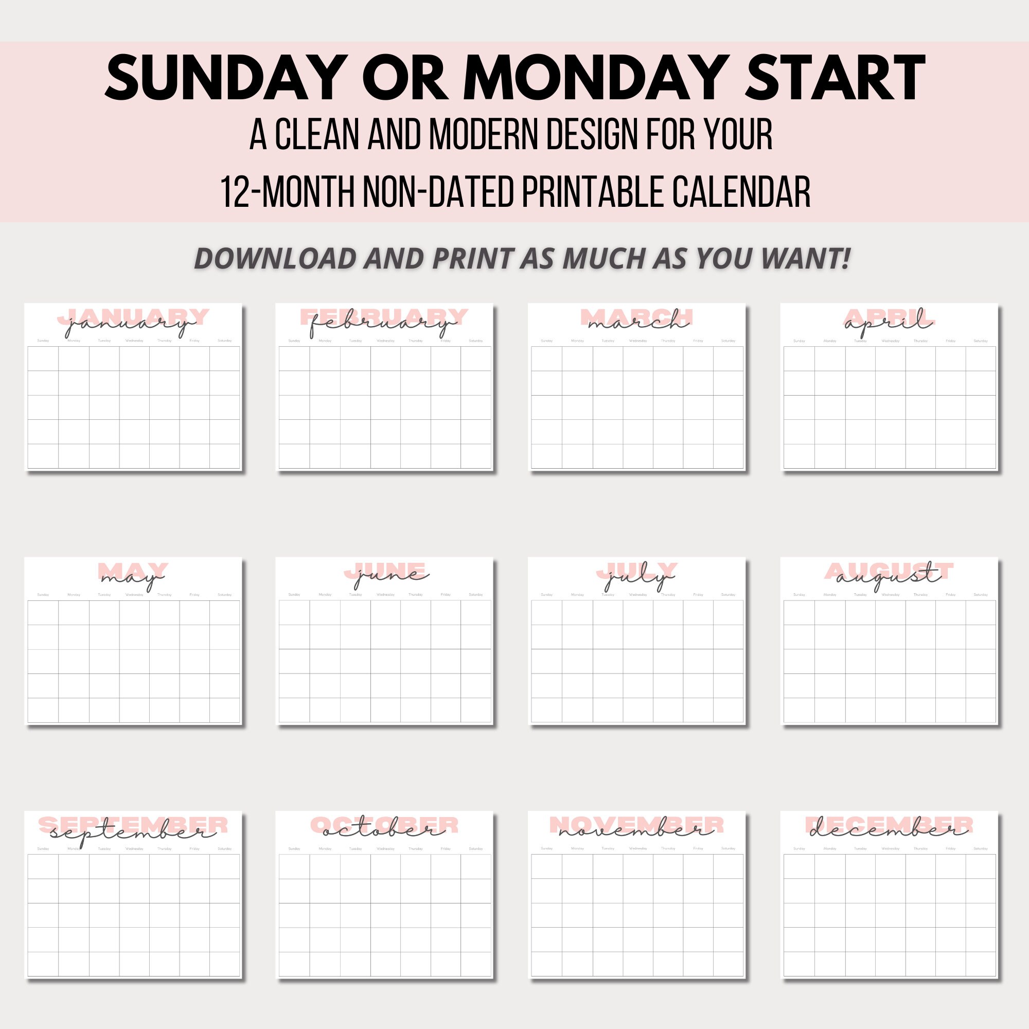 Minimalist Undated Monthly Calendar, 12 Month Printable (digital ...