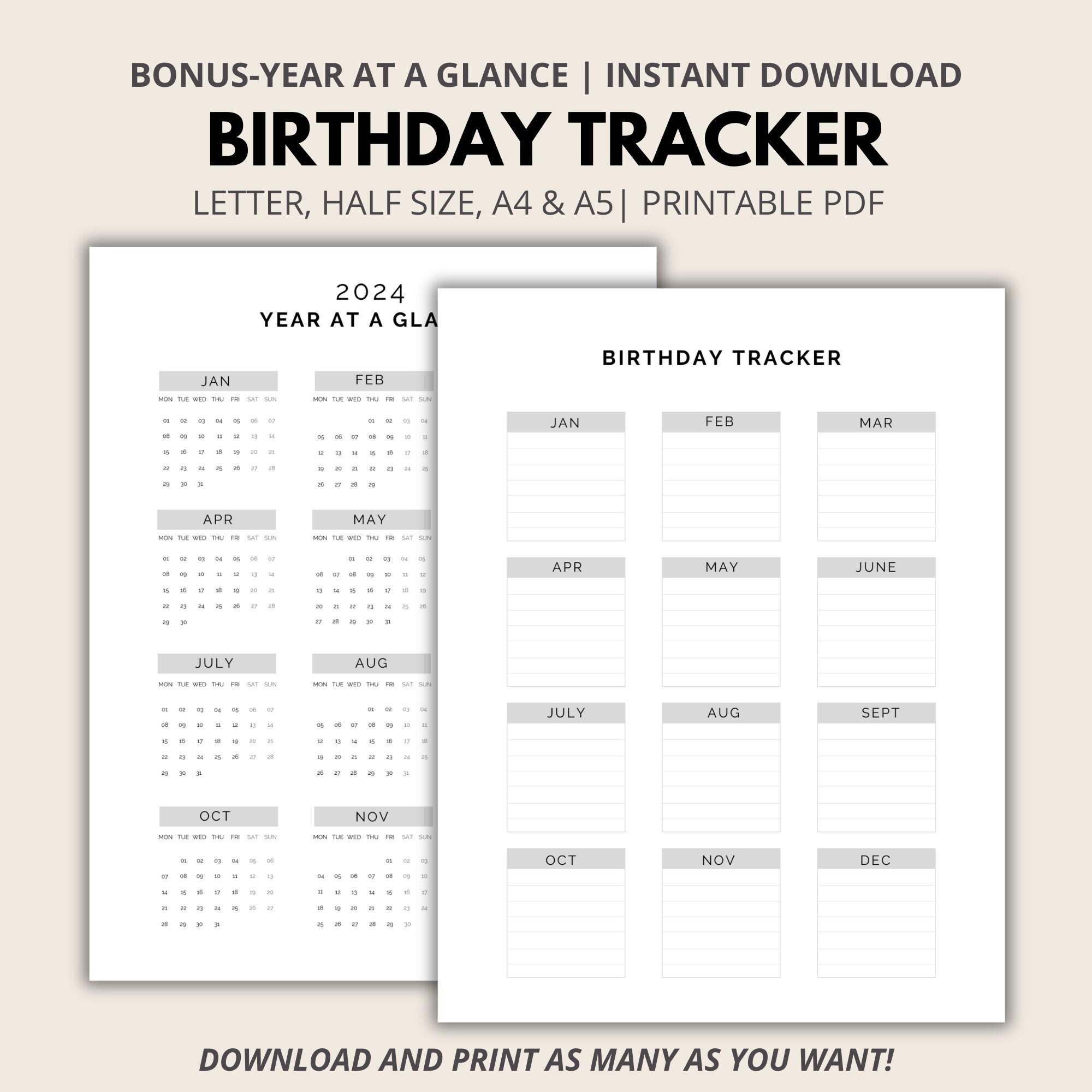 Birthday Calendar Printable, Birthday List, Birthday Organizer ...