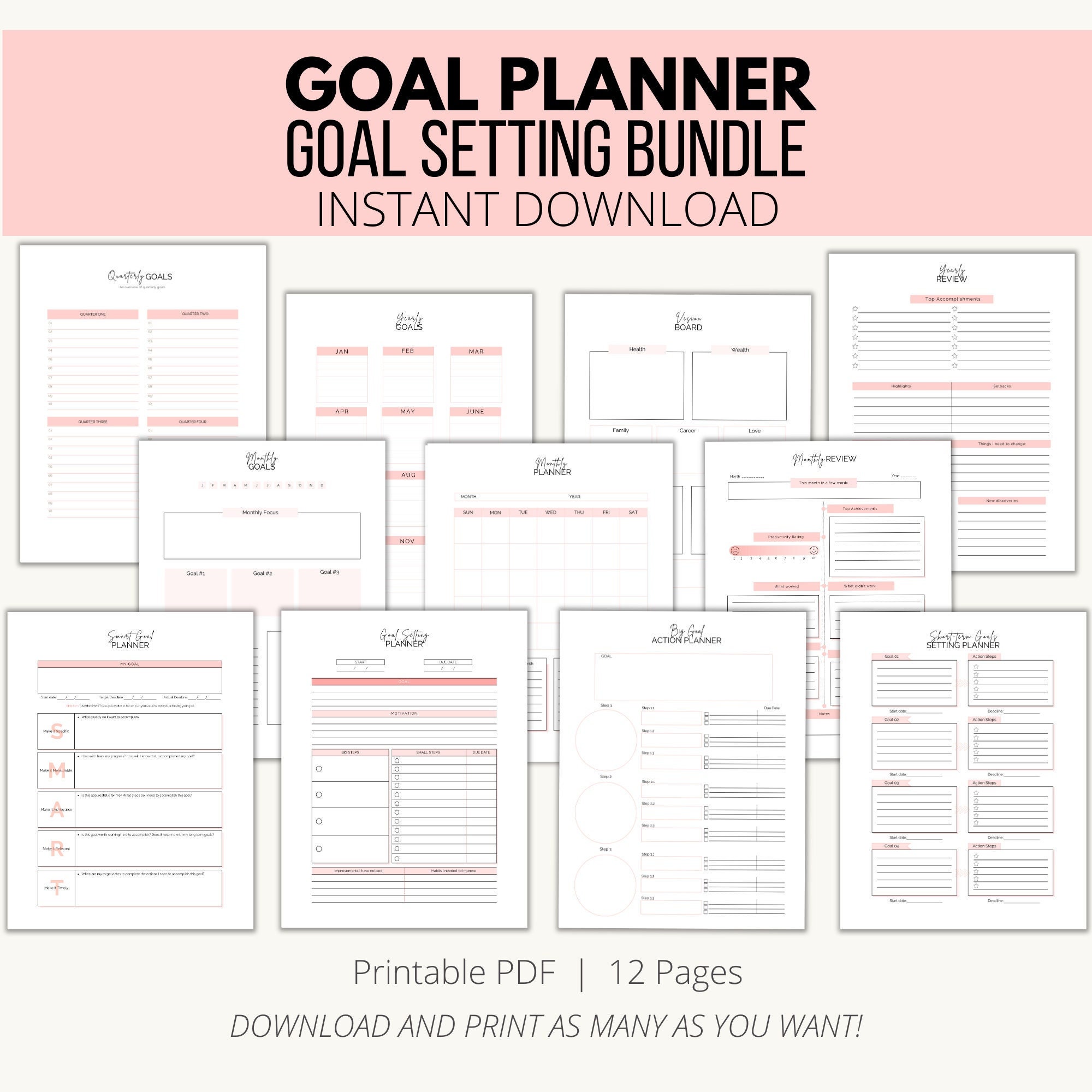 SMART Goal Planner Printable, Monthly & Quarterly (PDF) - Etsy