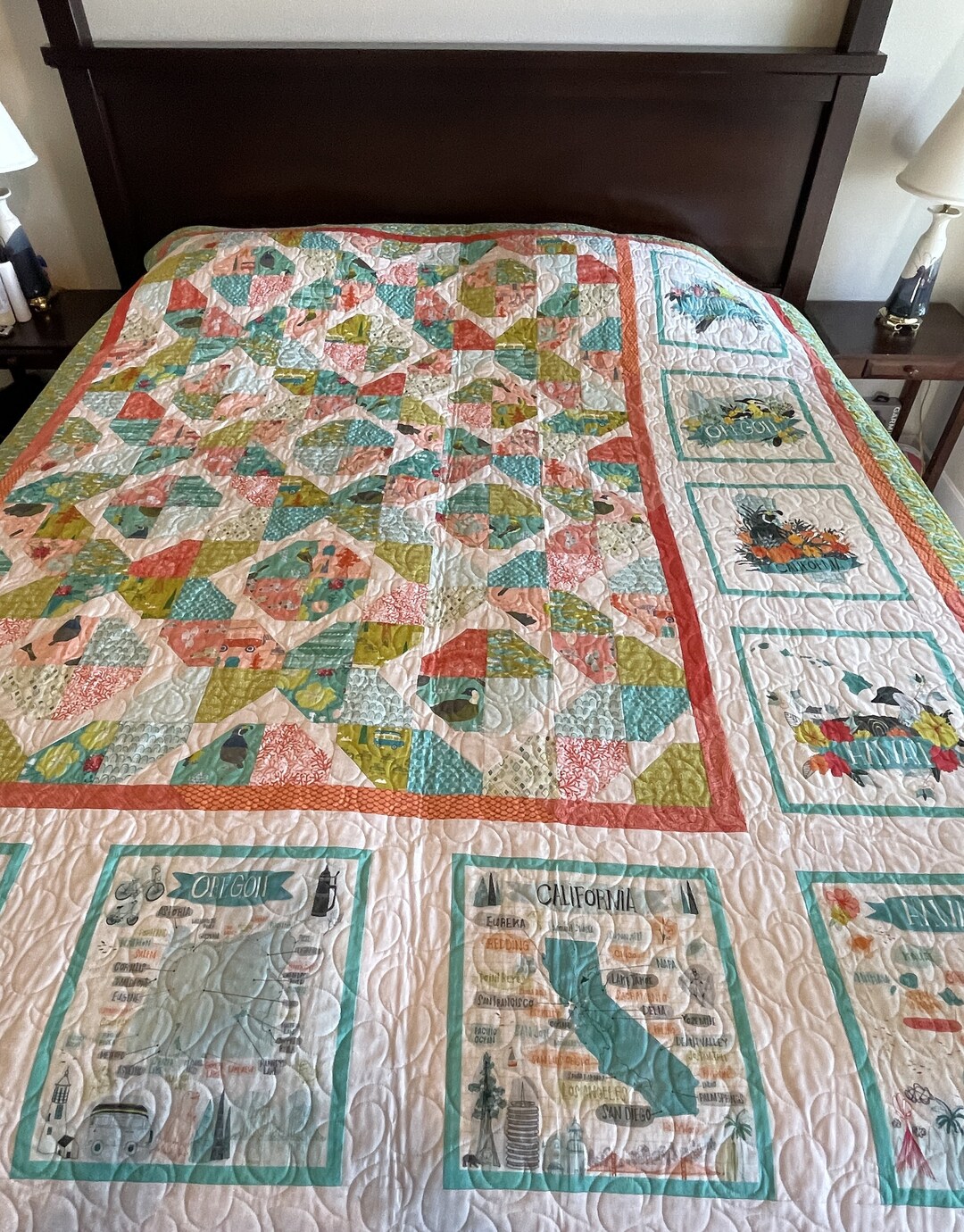 An Awsome, Large and Colorful Quilt Featuring Maps and State Birds of ...