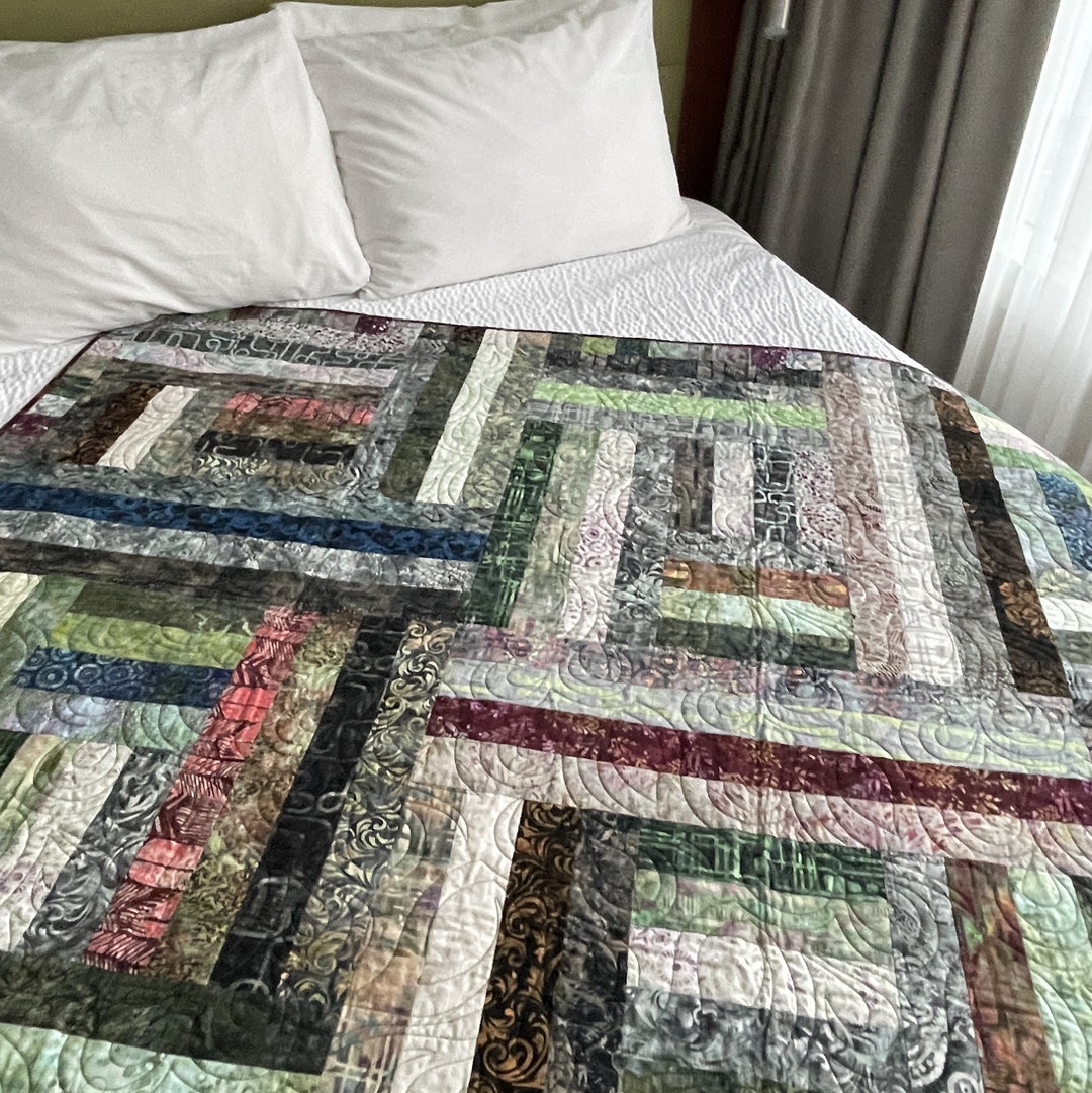 A Striking Batik Lap Quilt of Gray, Black, Green, Plum, and Burgundy ...