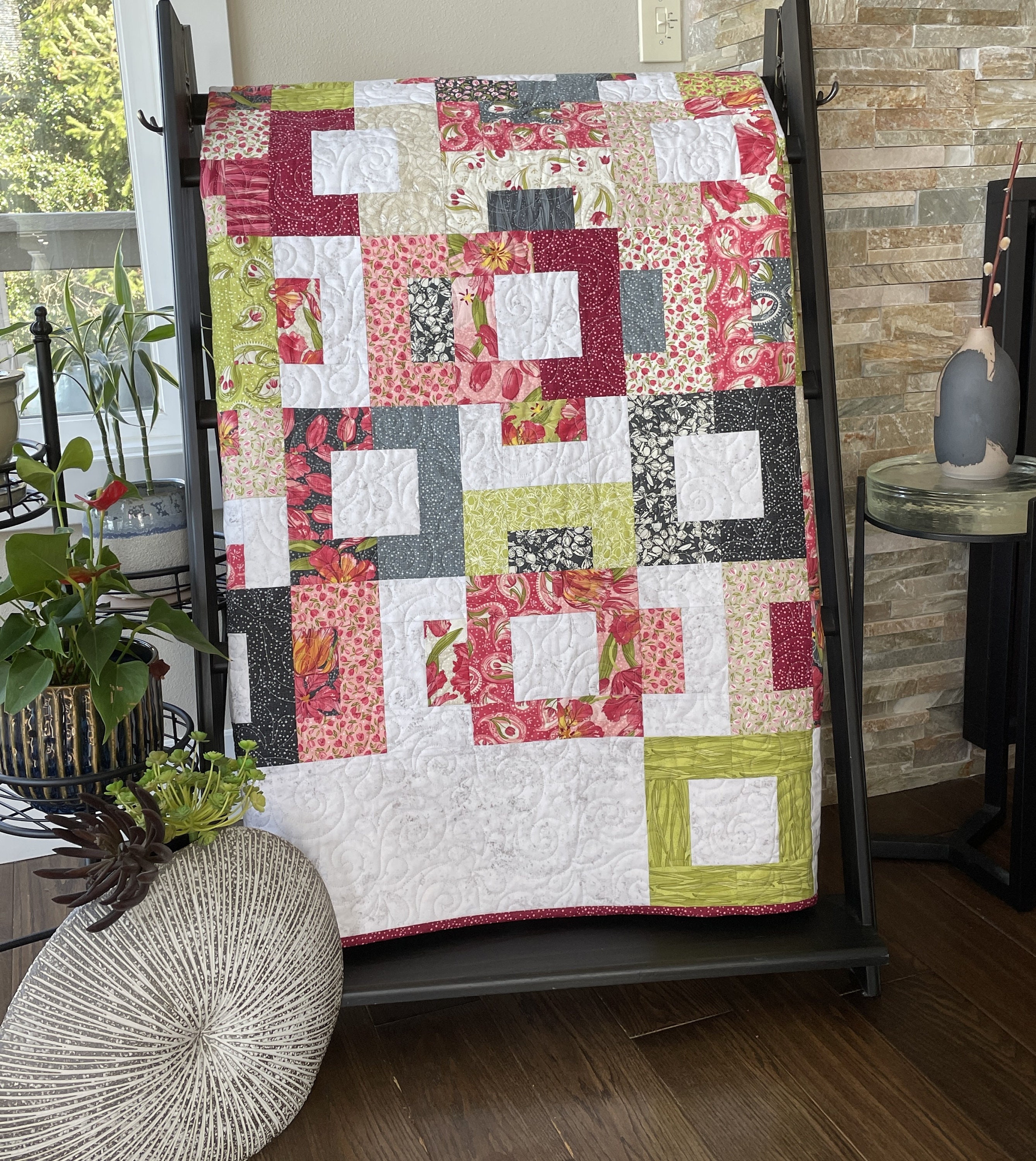 Modern Block Quilt: Pink, Cranberry, Chartreuse Wall Hanging (56x56 ...