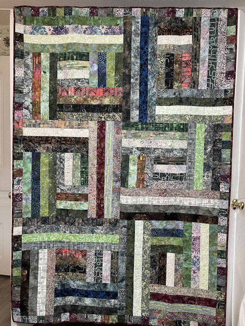 A Striking Batik Lap Quilt of Gray, Black, Green, Plum, and Burgundy ...