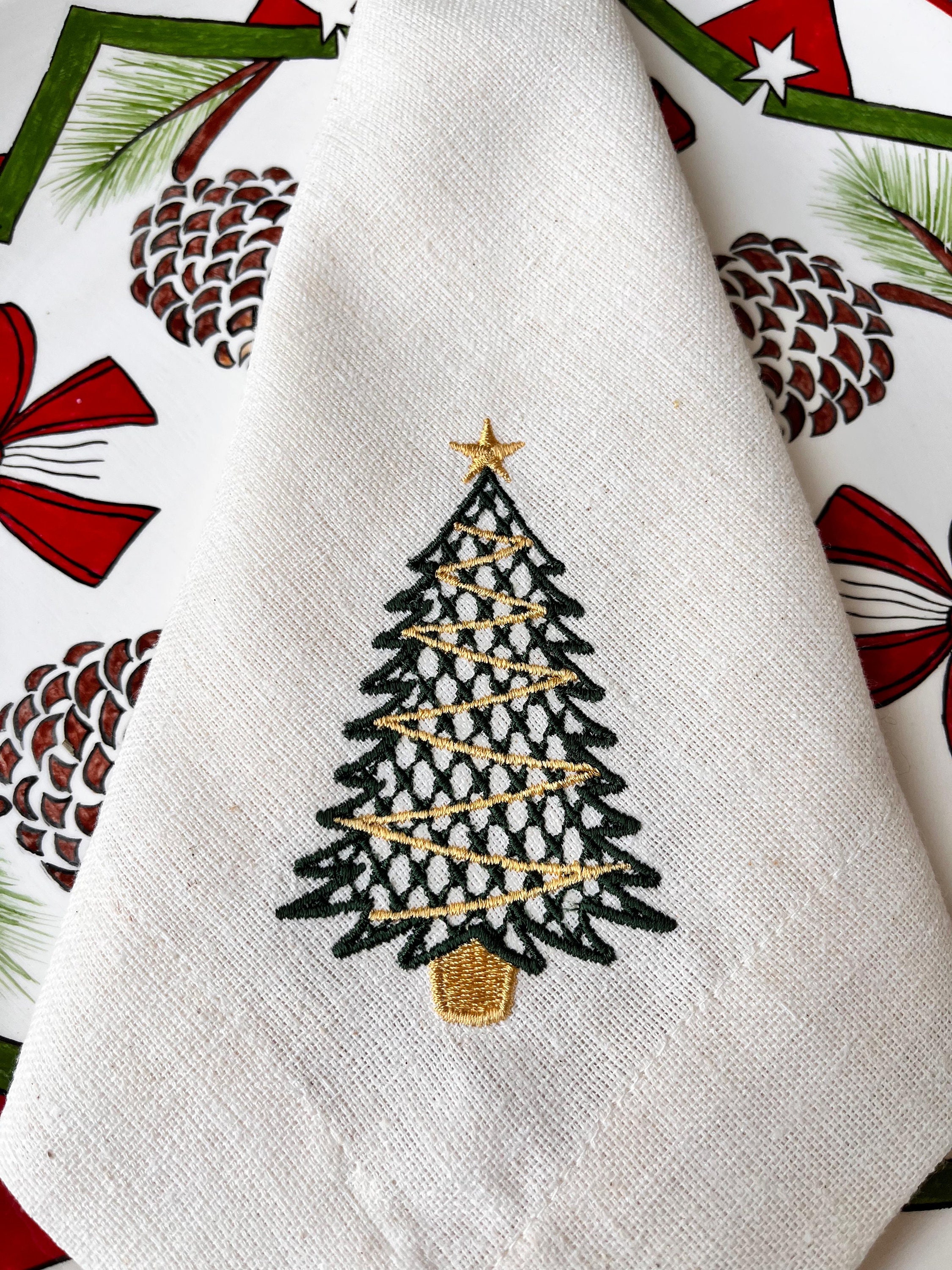 Embroidered Christmas Tree Linen Napkins Perfect Housewarming ...