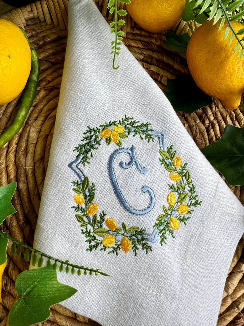 Personalized Lemon Wreath Embroidered Linen Napkin - Custom Initials ...