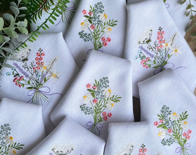 Hand Embroidered Napkins, Pink Wildflowers, Original Art, Cotton, Set ...