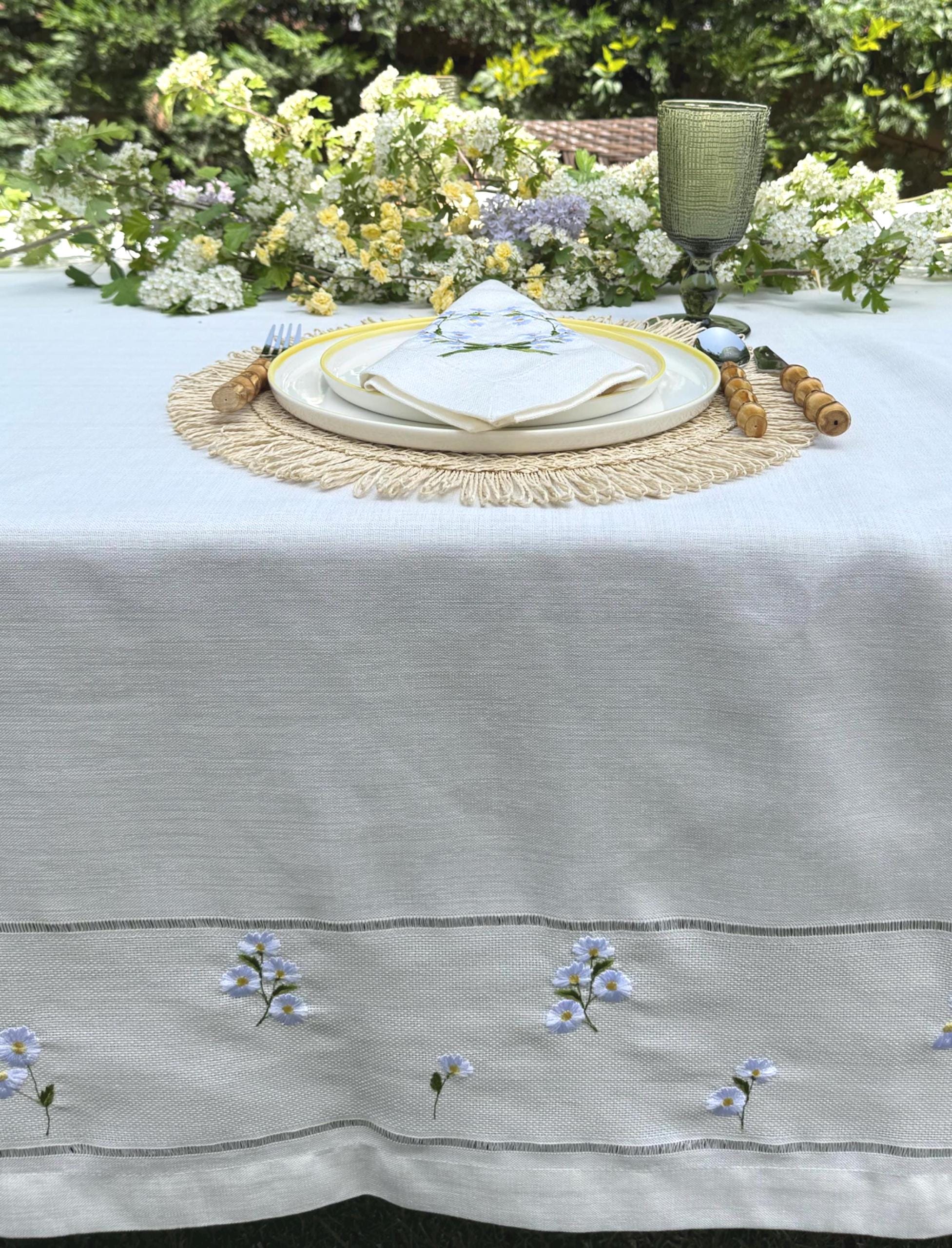Embroidered Daisy Tablecloth – Linen Tablecloth With Hemstitch | Spring ...