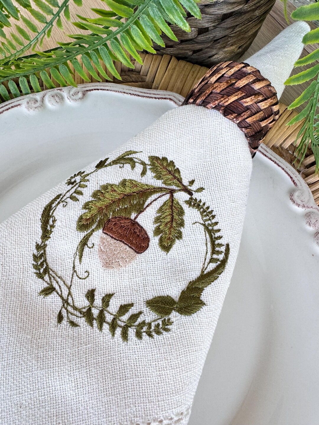 Rustic Fall Linen Napkins With Acorn Embroidery – Autumn Thanksgiving ...