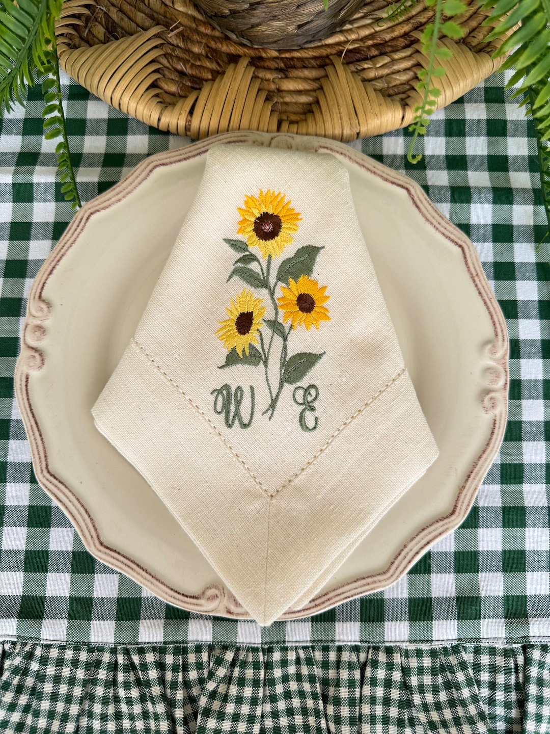 Sunflower Embroidered Linen Napkins | Personalized Rustic Dinner ...