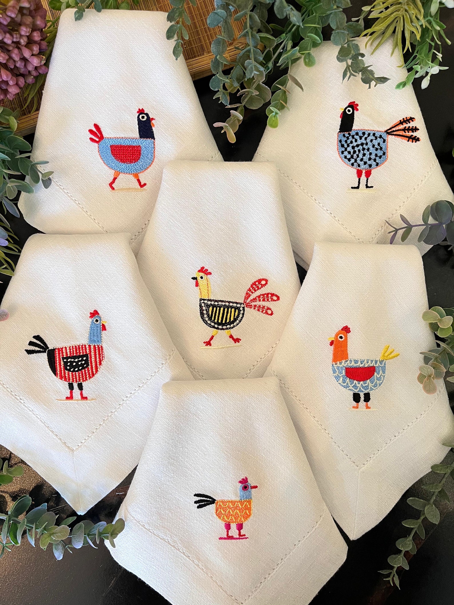 Ebroidered Chicken Cotton Napkins Boho Chicken Table Linen Sets ...