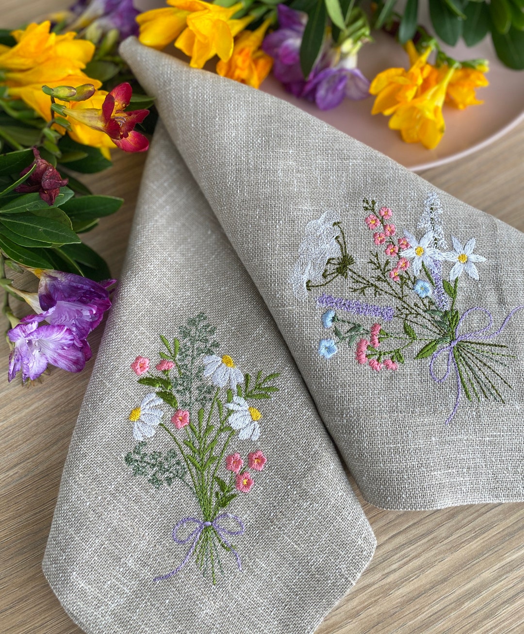 Wildflowers Bouqet Linen Napkins | Backyard Wedding Napkins | Spring ...