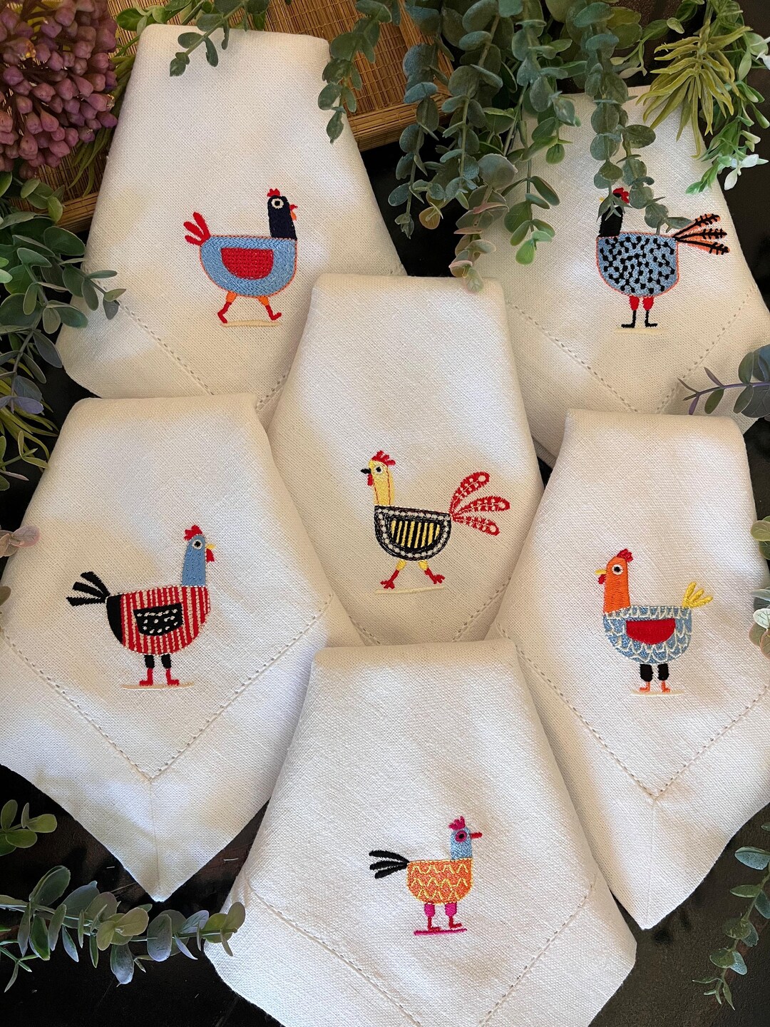 Ebroidered Chicken Cotton Napkins Boho Chicken Table Linen Sets ...