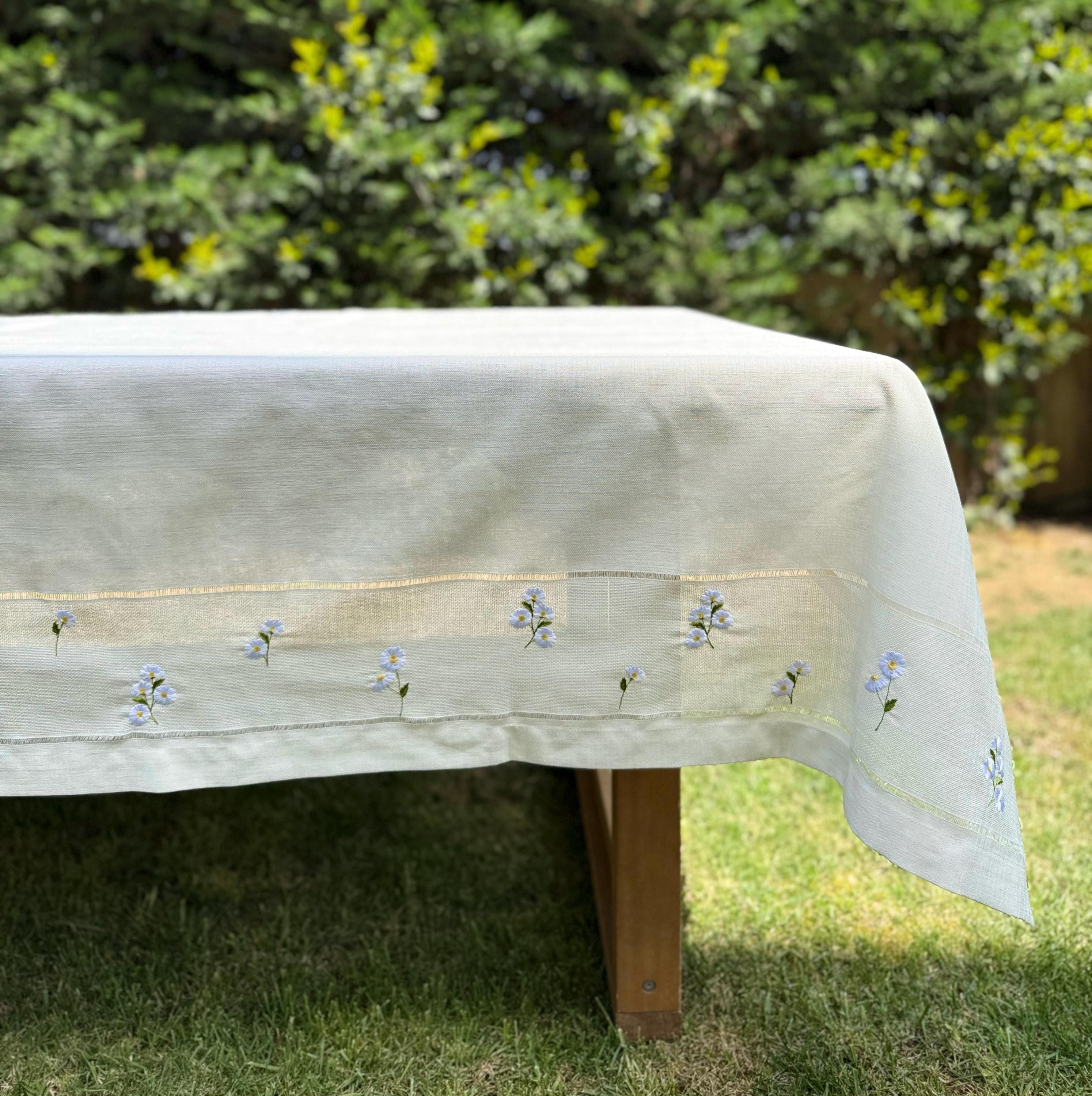 Embroidered Daisy Tablecloth – Linen Tablecloth With Hemstitch | Spring ...