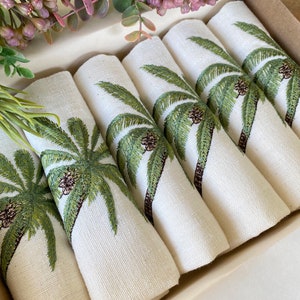 Palm Tree Embroidered Linen Napkins | Tropical Napkins for Beach ...