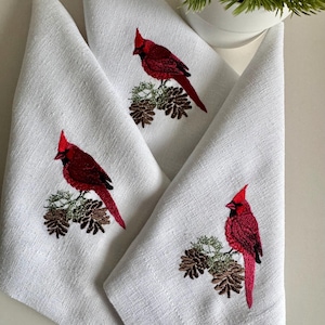 Red Cardinal Embroidered Linen Napkins - Christmas Dinner Napkins ...