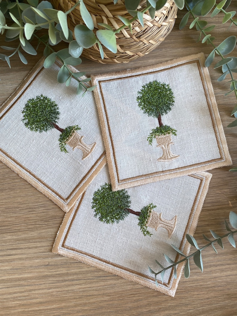Realistic Winter Topiary Embroidered Linen Cocktail Napkins - Rustic ...
