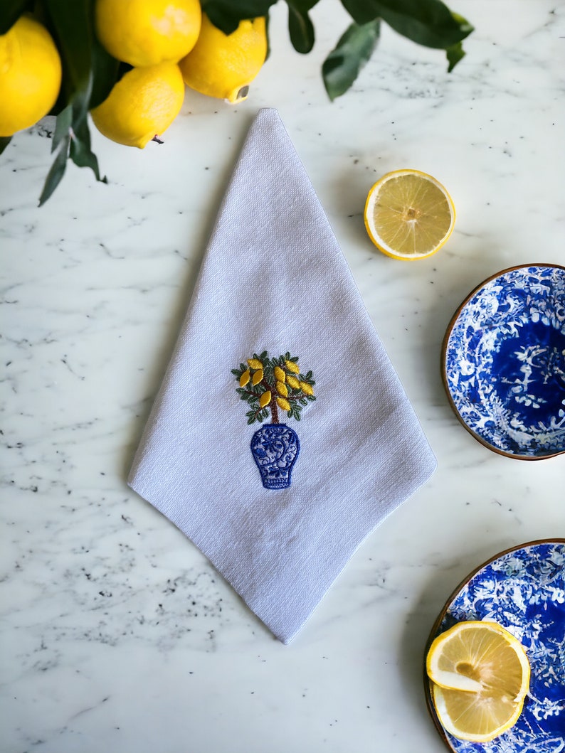 Luxury Sicilian Lemon Embroidered Linen Napkin - Chinoiserie Fresh Look ...