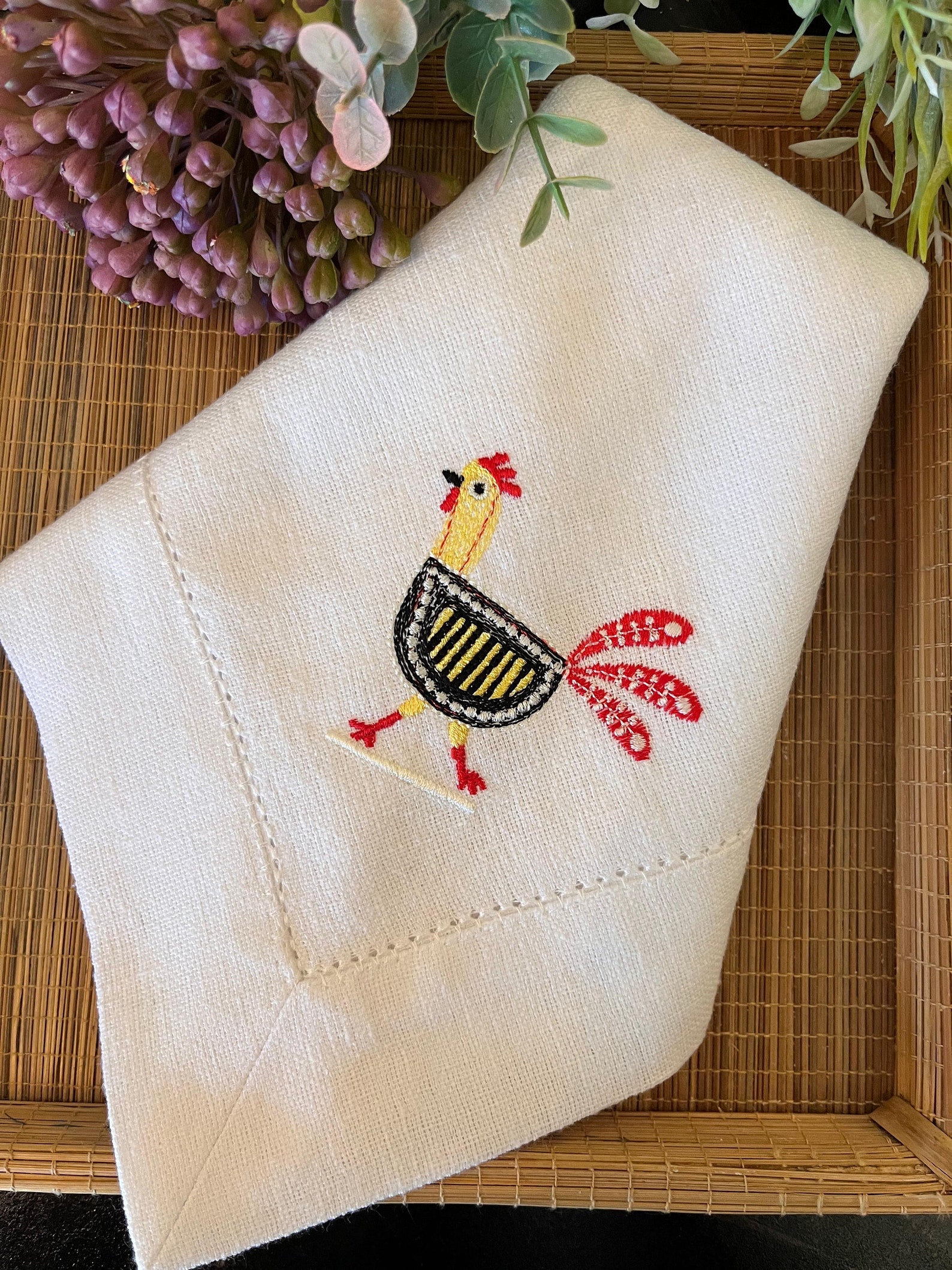 Ebroidered Chicken Cotton Napkins Boho Chicken Table Linen Sets ...