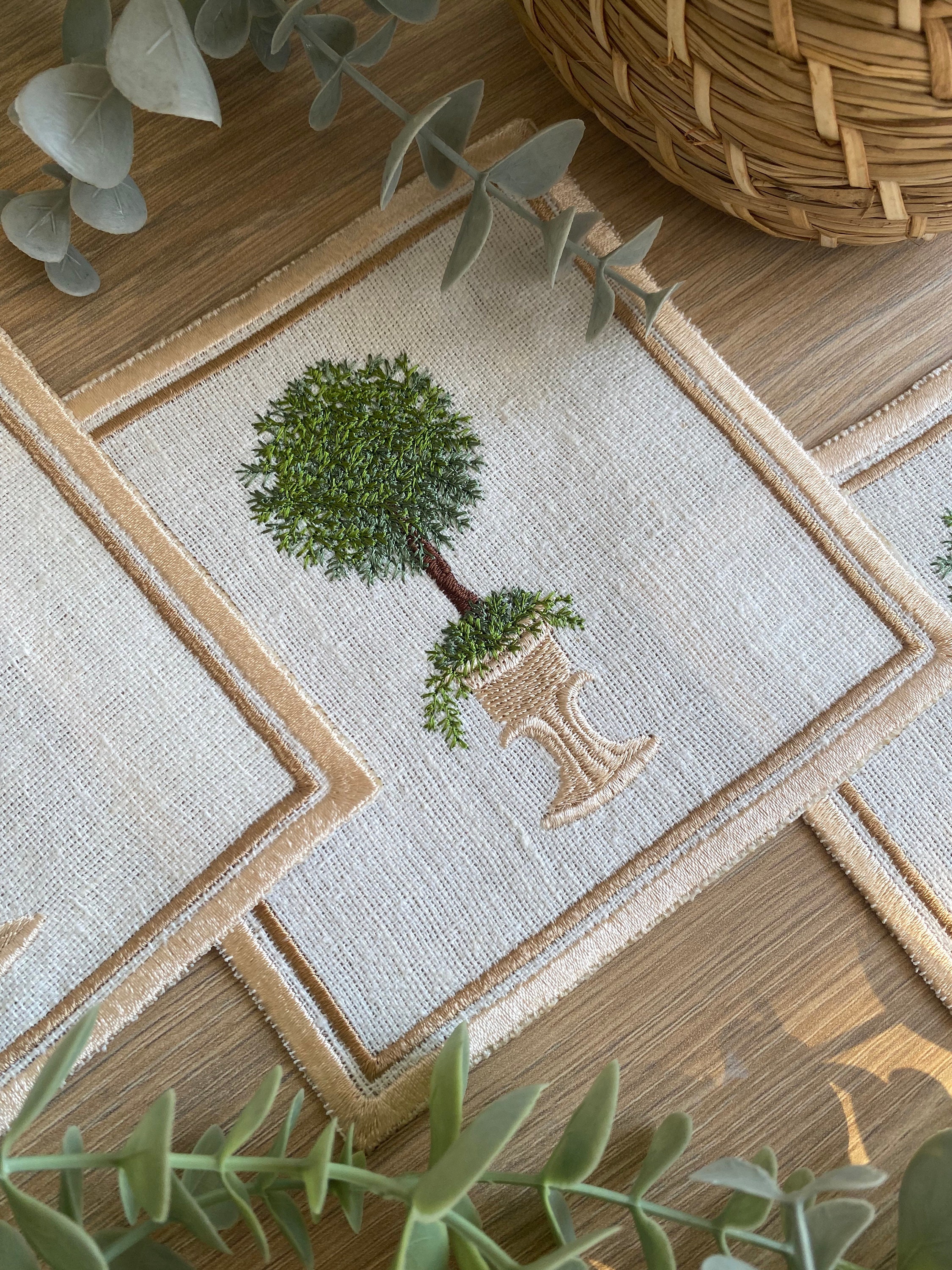 Realistic Winter Topiary Embroidered Linen Cocktail Napkins - Rustic ...