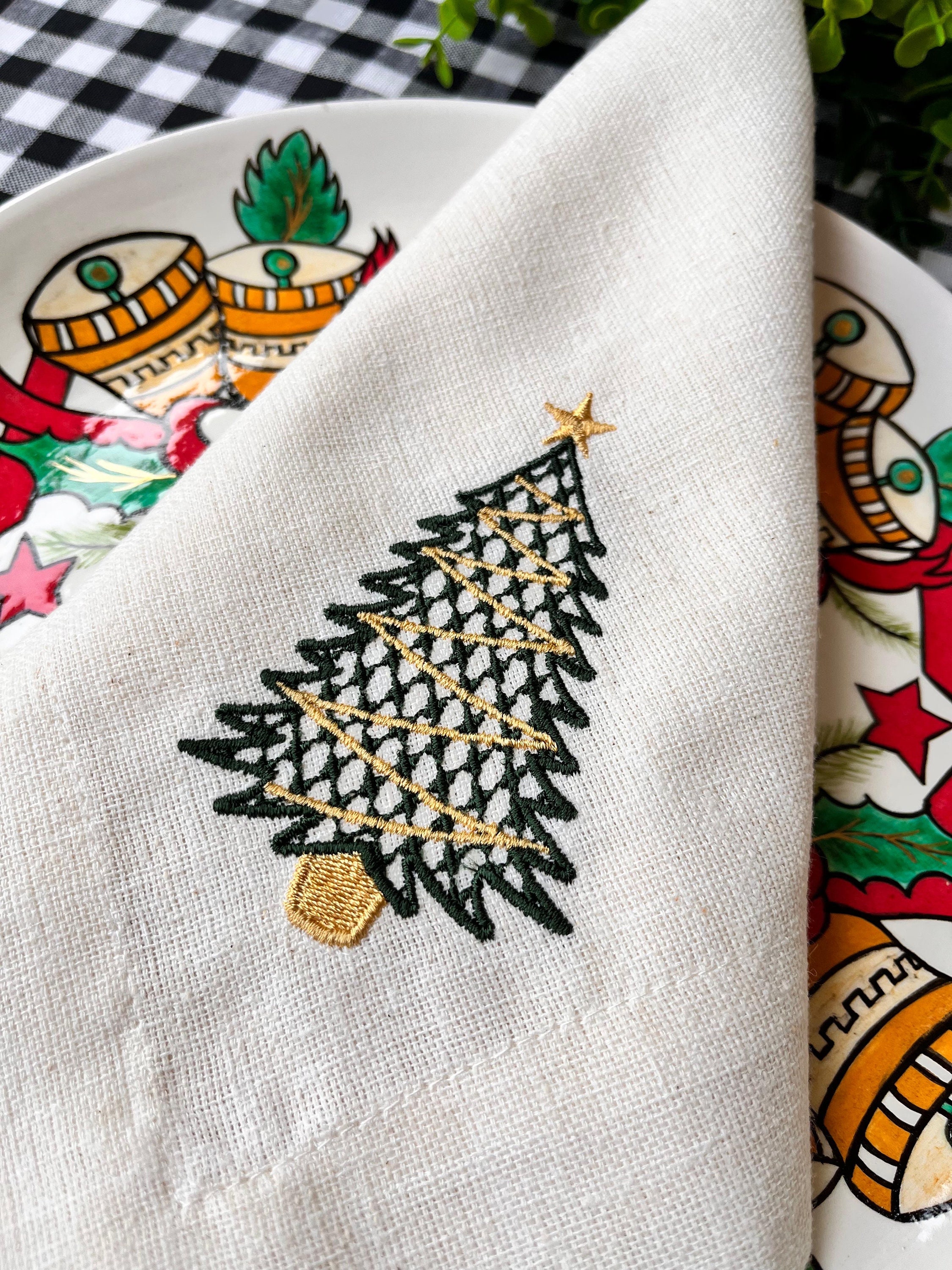 Embroidered Christmas Tree Linen Napkins Perfect Housewarming ...