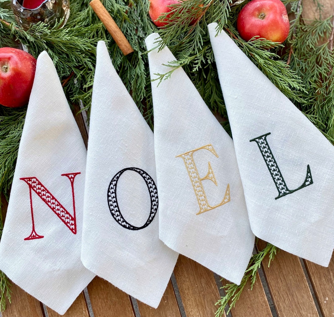 Exquisite Christmas Linen Napkins With Noel Embroidery - Ideal Dinner ...